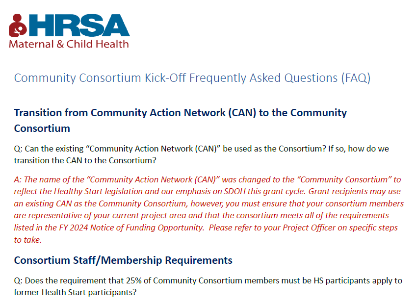 Community Consortium Plan Kick-off FAQ | Healthy Start TASC